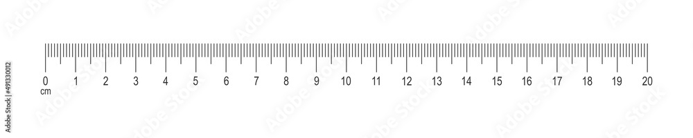Horizontal scale of ruler with 20 cm markup and numbers. Distance ...