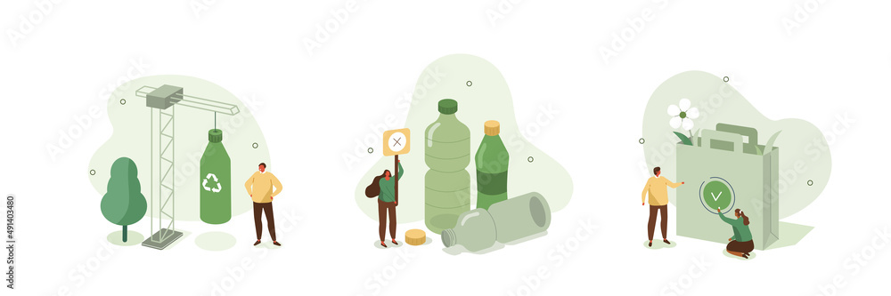 Plastic pollution illustration set. Characters protesting against ...