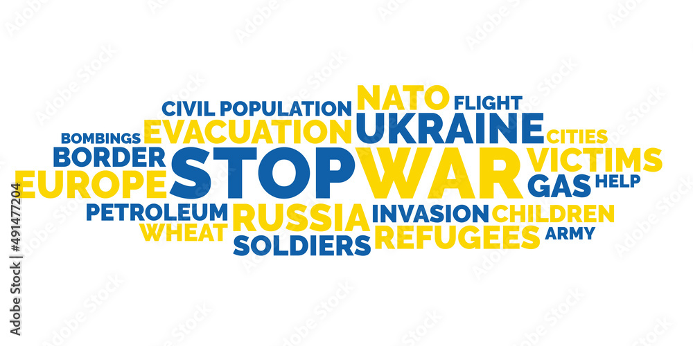 STOP WAR word cloud isolated. Vector illustration. Stop war in Ukraine ...