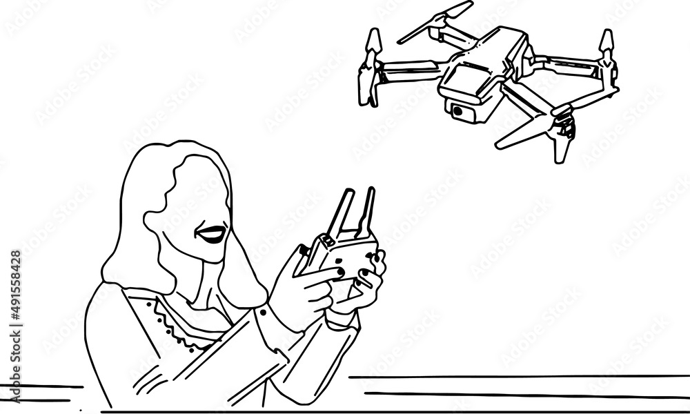 line art illustration of women flying drone, Outline sketch drawing of ...