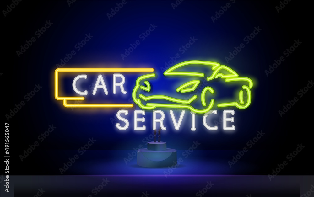 Auto service neon sign emblem. Vector illustration, car repair, shiny ...