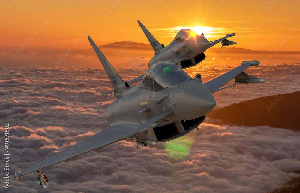 Stock-Foto „Eurofighter Typhoon formation in flight“ | Adobe Stock