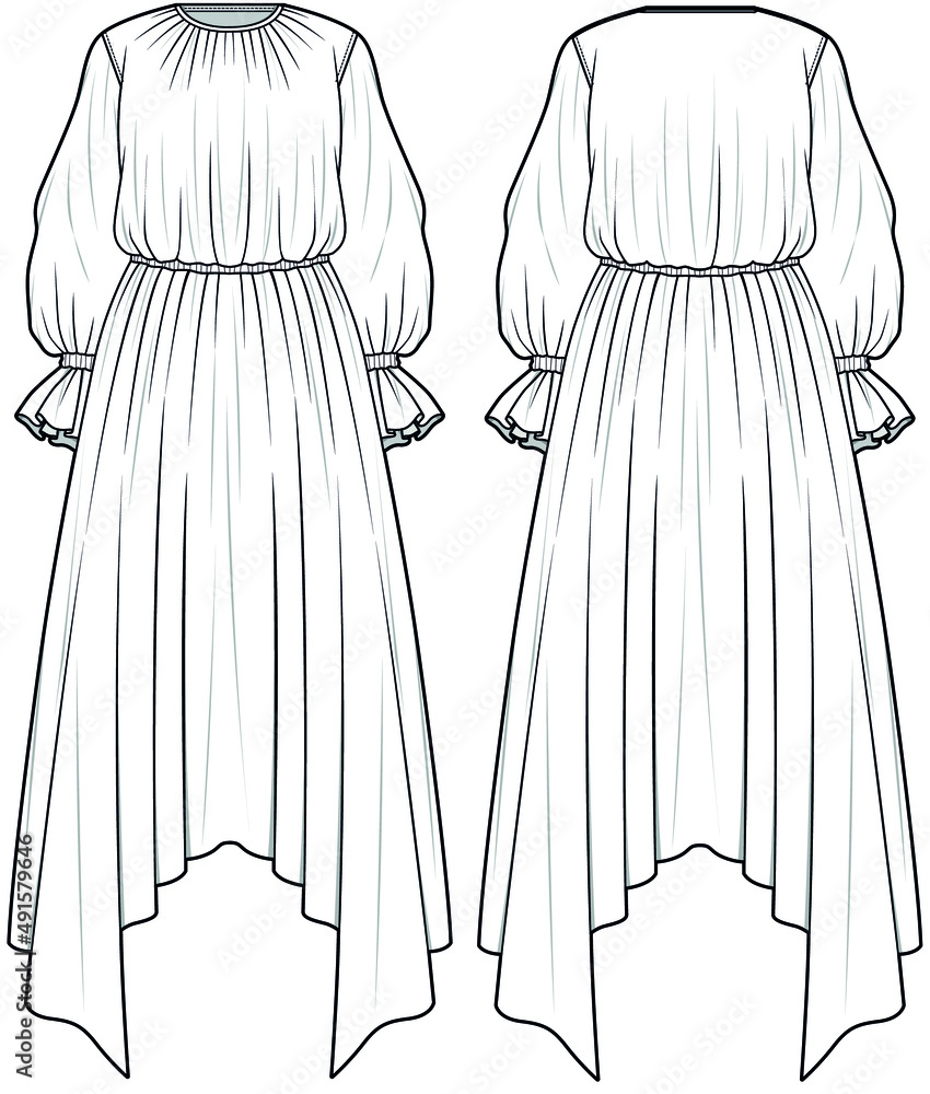 Women Round Neck Puff Long Sleeve Handkerchief Hem Dress, Modesty Dress ...