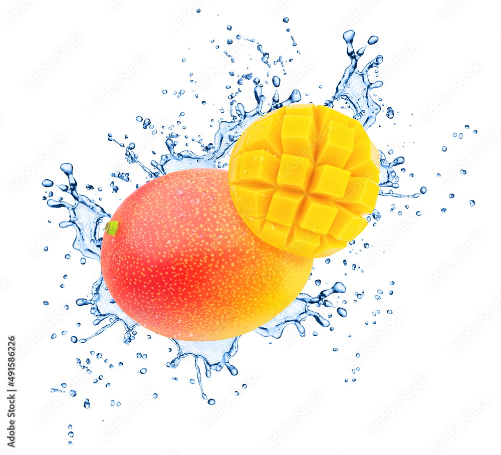 Whole and sliced mangoes in water splash with full depth of field ...