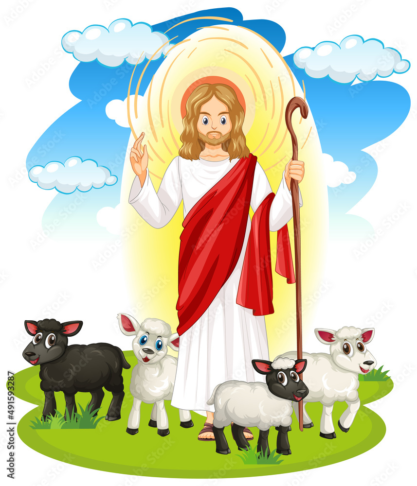 Jesus Christ and animals in cartoon style Stock Vector | Adobe Stock