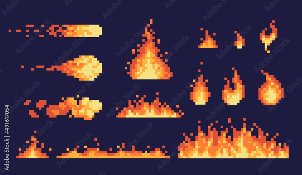 Fire and flames pixel art icon set. Flare sparkles, ignitions logo ...