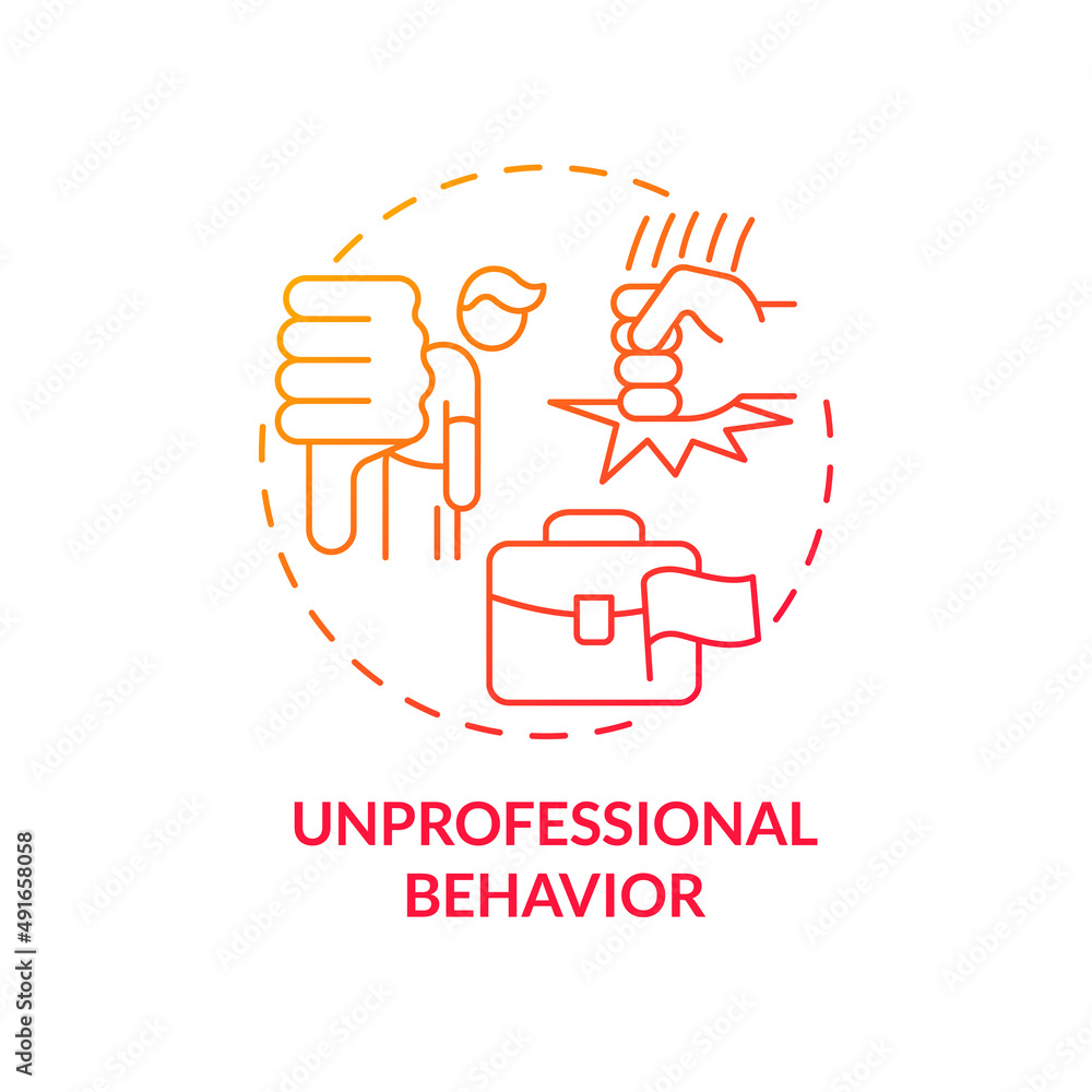 Unprofessional behavior red gradient concept icon. Warning sign in ...