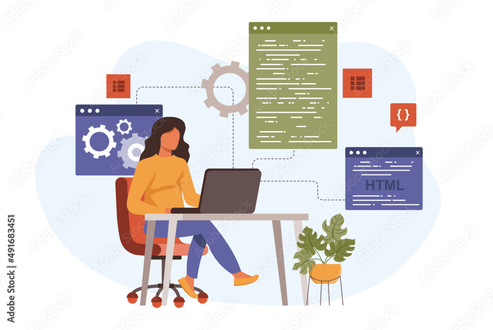 Vector de Stock Programmer working in flat design. People programming ...