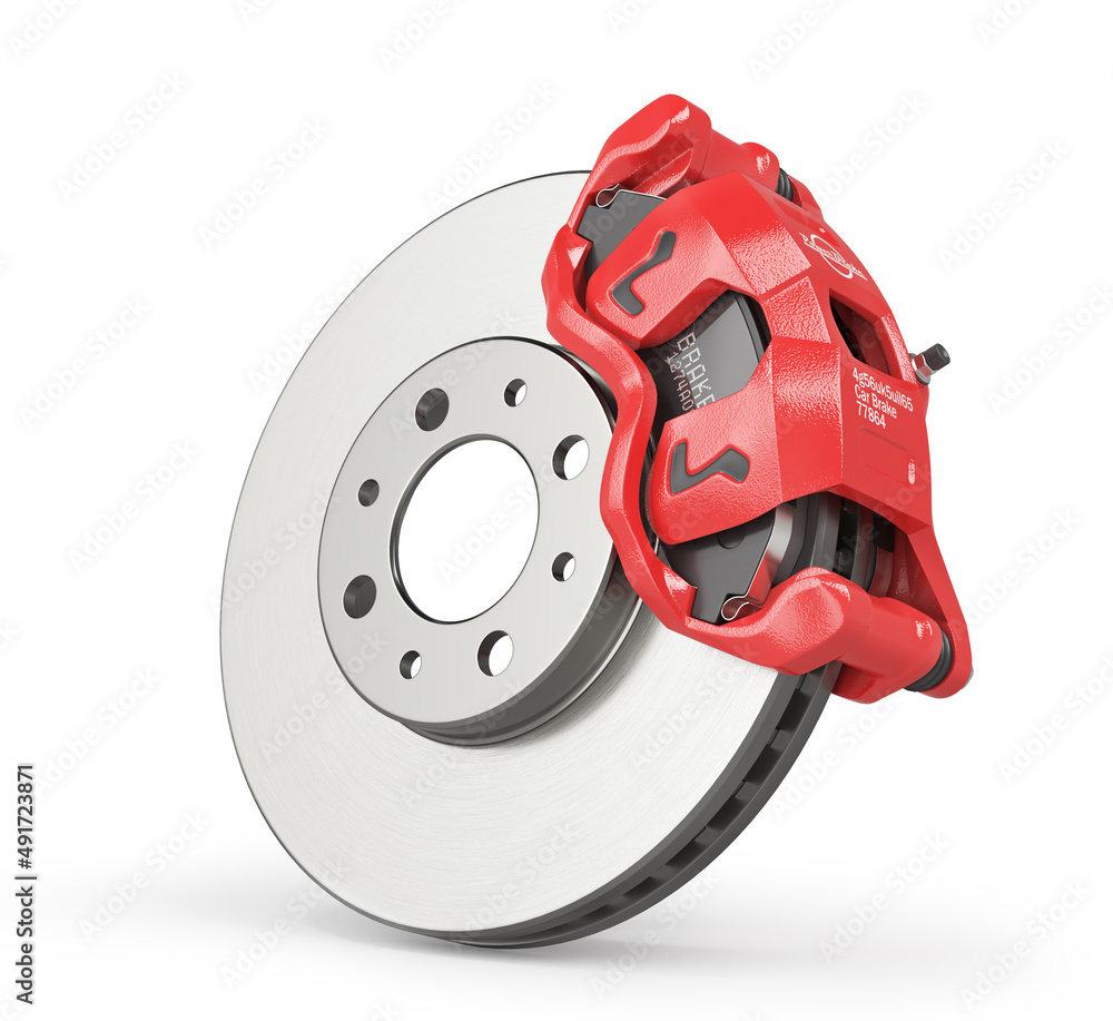 Car brake disk with red caliper. Car brake on a white background. 3d ...