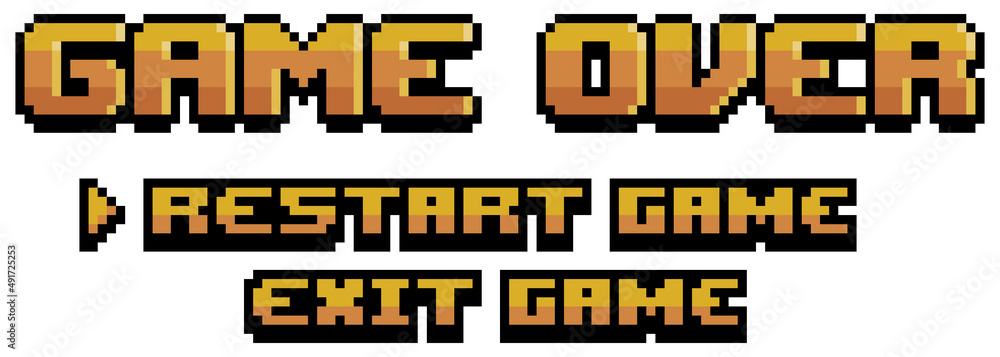 Pixel art over game over screen with restart and exit vector icon for ...