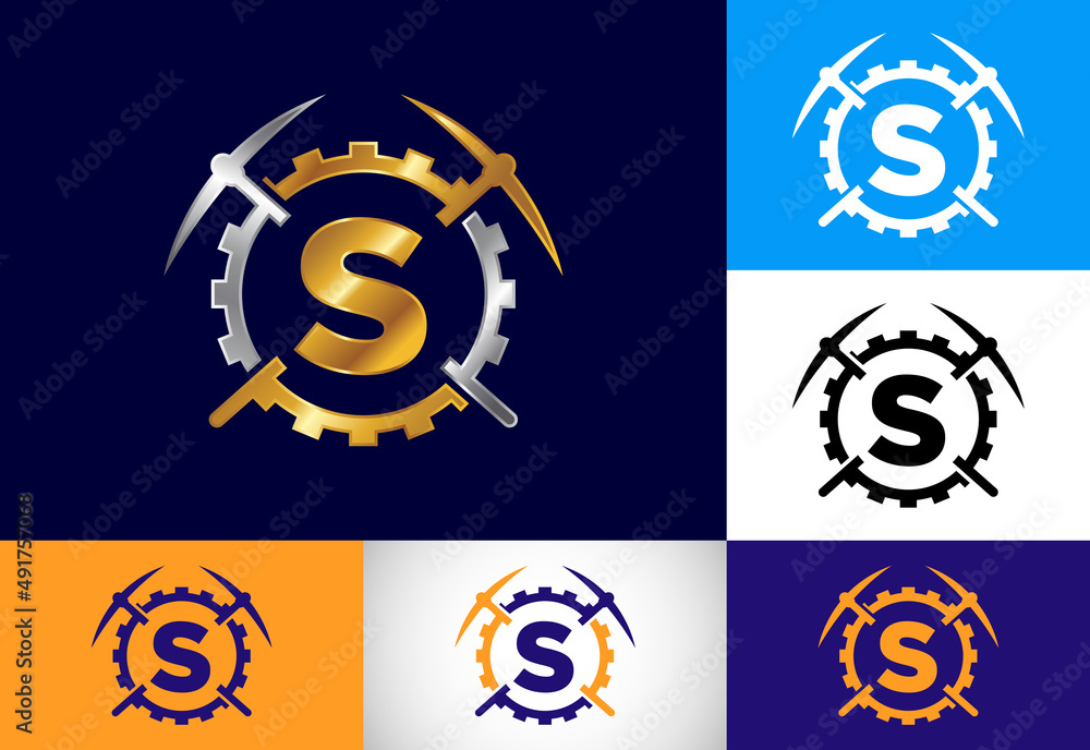 Initial S monogram letter alphabet with pickaxe and gear sign. Mining ...
