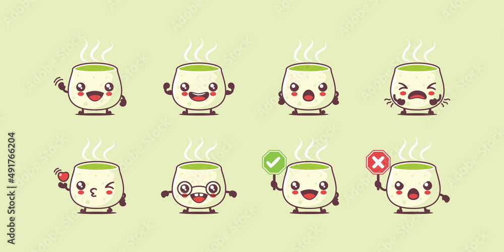 Matcha cartoon. japanese green tea vector illustration. with different ...
