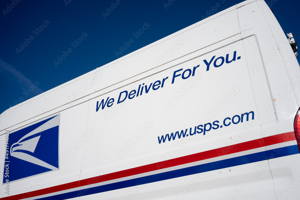 Beaverton, OR, USA - Jan 25, 2022: Closeup of the USPS logo and slogan ...