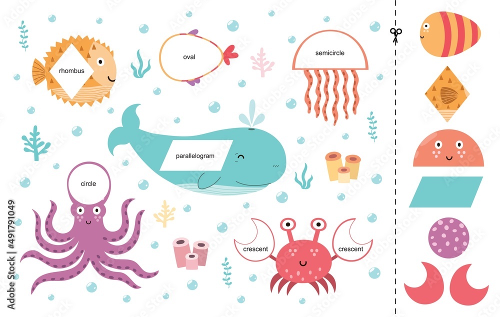 Matching game for kids with sea animals. Learning geometric shapes ...