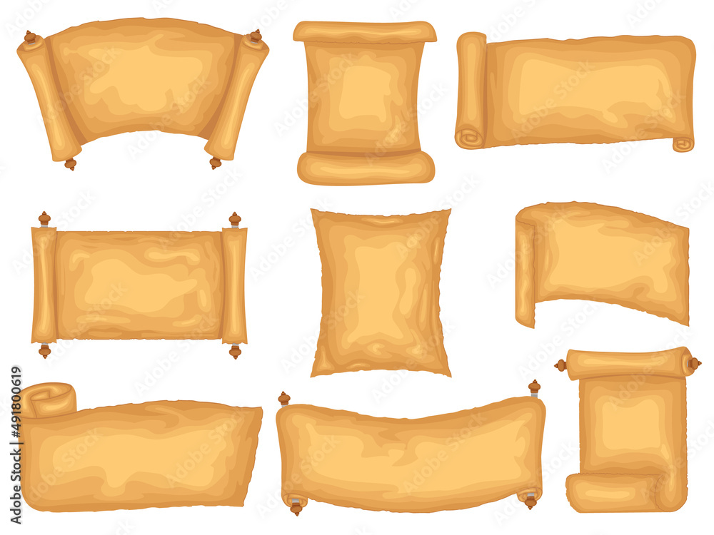 Old paper scroll and parchment cartoon vector set of blank ancient ...