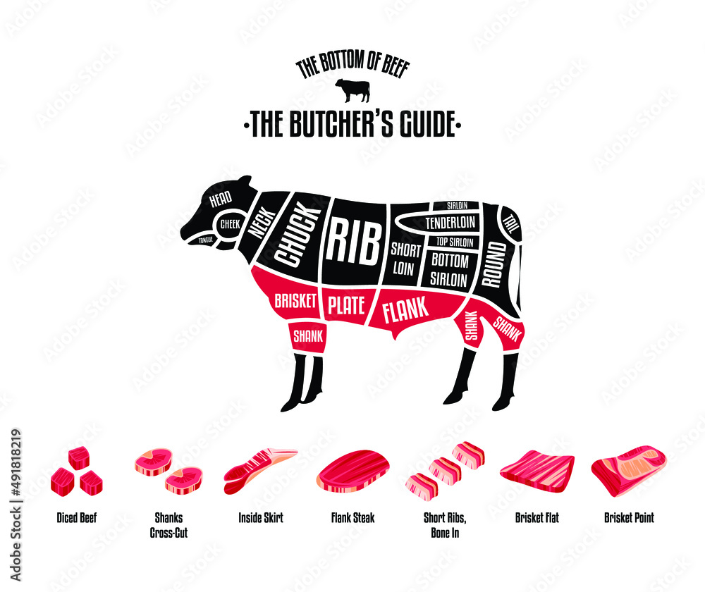 Meat and Beef cuts. Diagrams for butcher shop. Scheme of beef. Vector ...