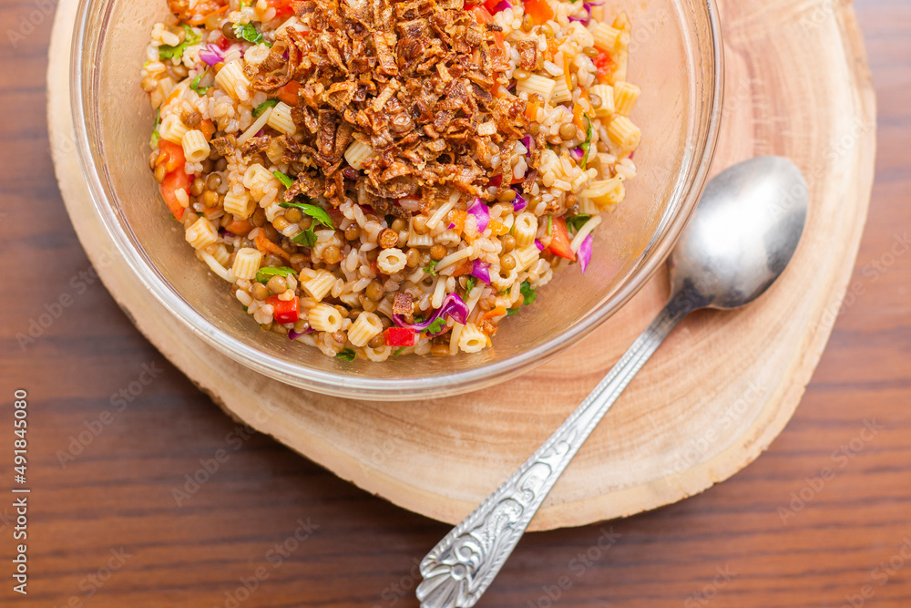 Egyptian Traditional Food, Koshari, Rice, Pasta, Green Salad and ...