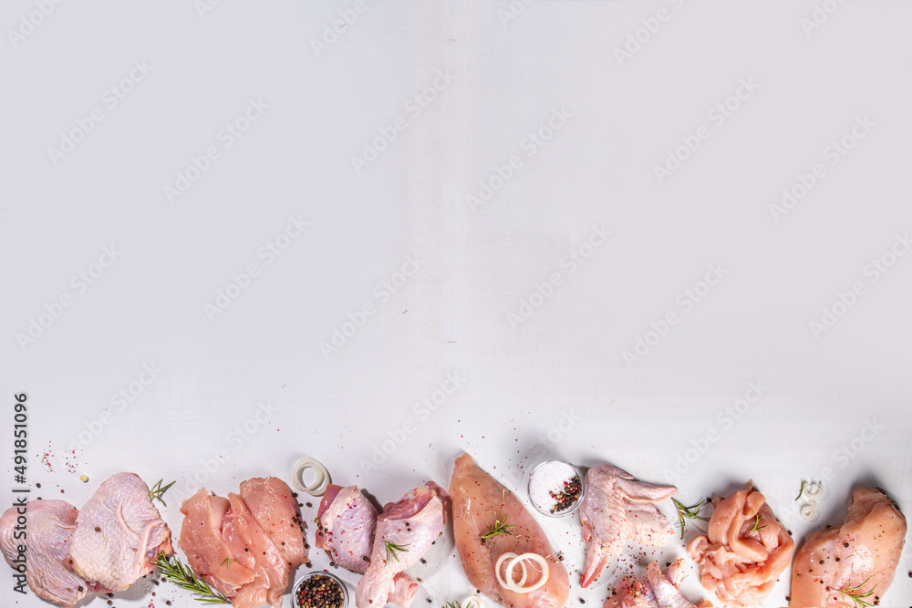 Assortment different pieces chicken meat. Cooking white meat, butcher ...