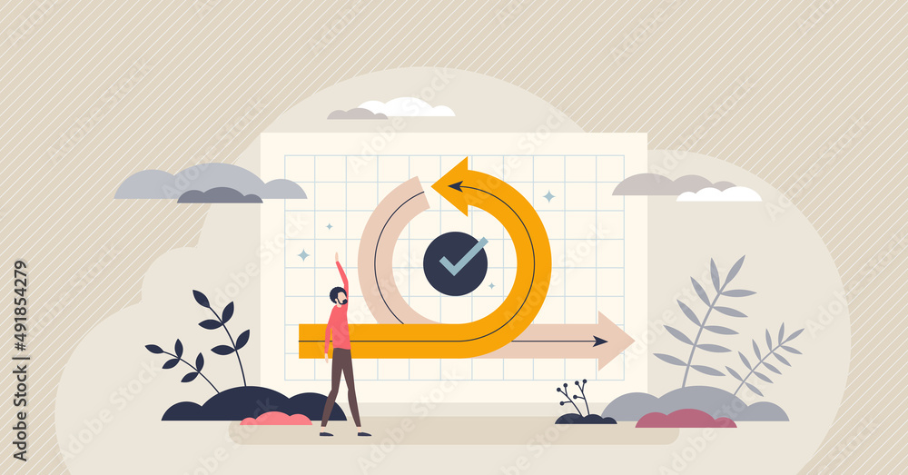 Scrum sprint methodology as agile development process tiny person concept. Software integration ...