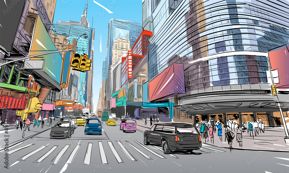 Times square. New York. USA. Hand drawn city sketch. Vector ...