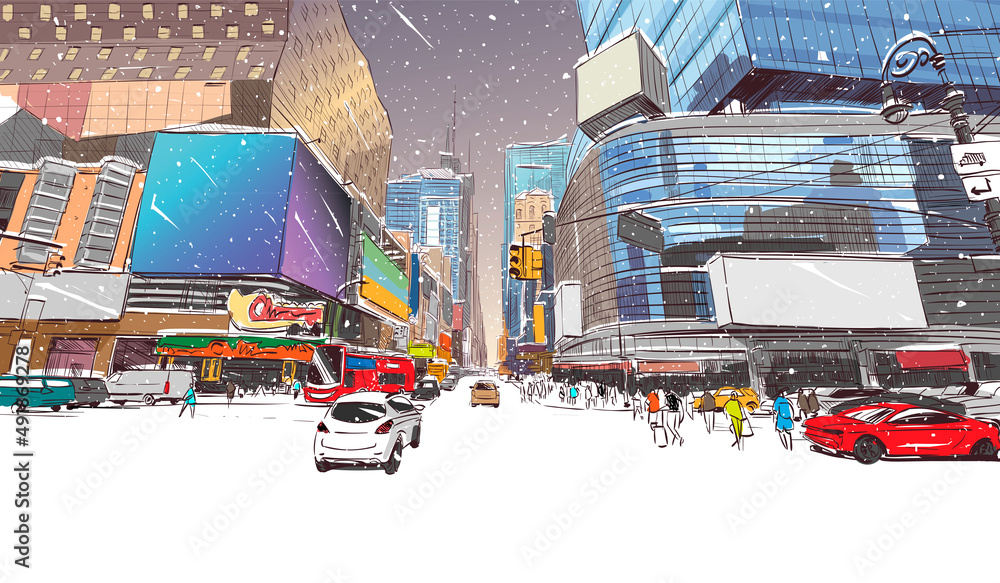 Times square. New York. USA. Hand drawn city sketch. Vector ...