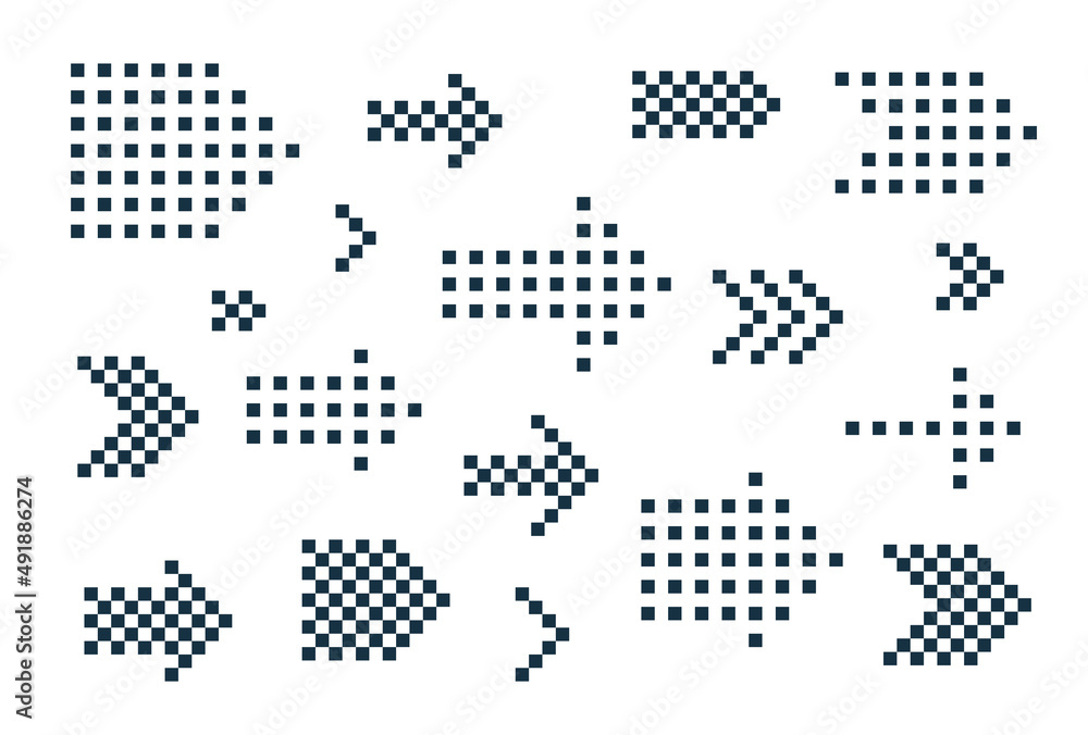 8 Bit pixel halftone arrows vector set of icons, collection of arrow ...