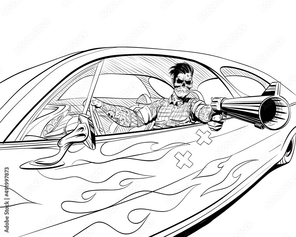 Gangster with a skull face with a gun sitting in the car. Pop art ...