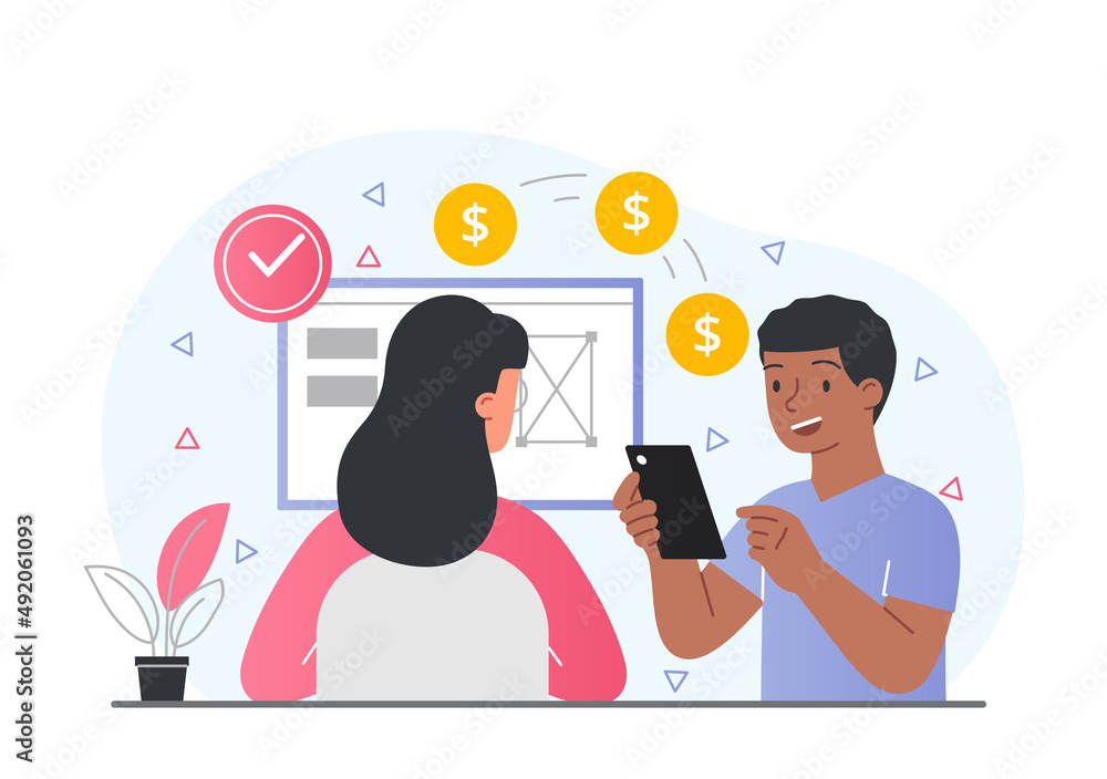 Money transfer concept. Man transfers money to girl, cashless payment ...