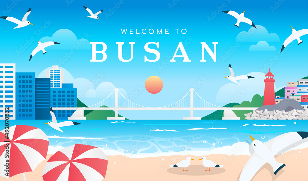 เวกเตอร์ Stock Welcome to Busan poster vector illustration. Beautiful ...