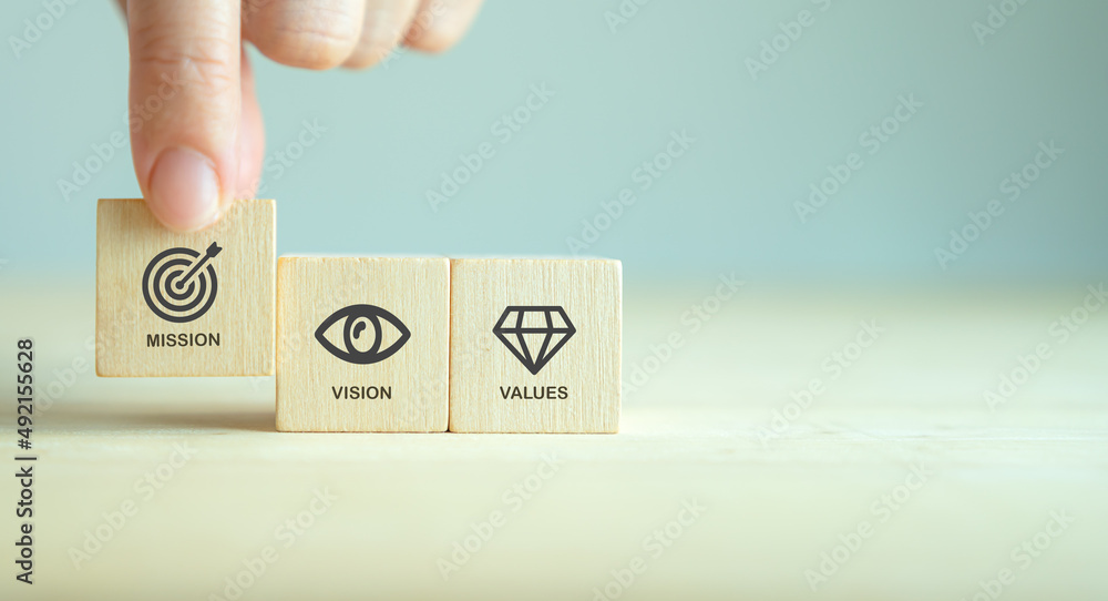 Mission, vision and values of company. Purpose business concept. Hand ...