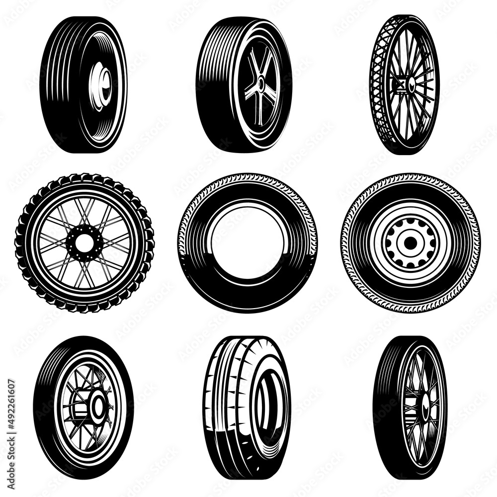 Set of wheels illustration in monochrome style. Design element for logo ...