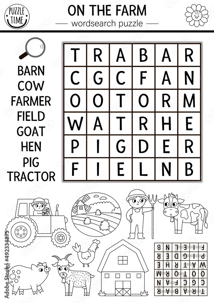 Vector on the farm black and white word search puzzle for kids. Simple ...