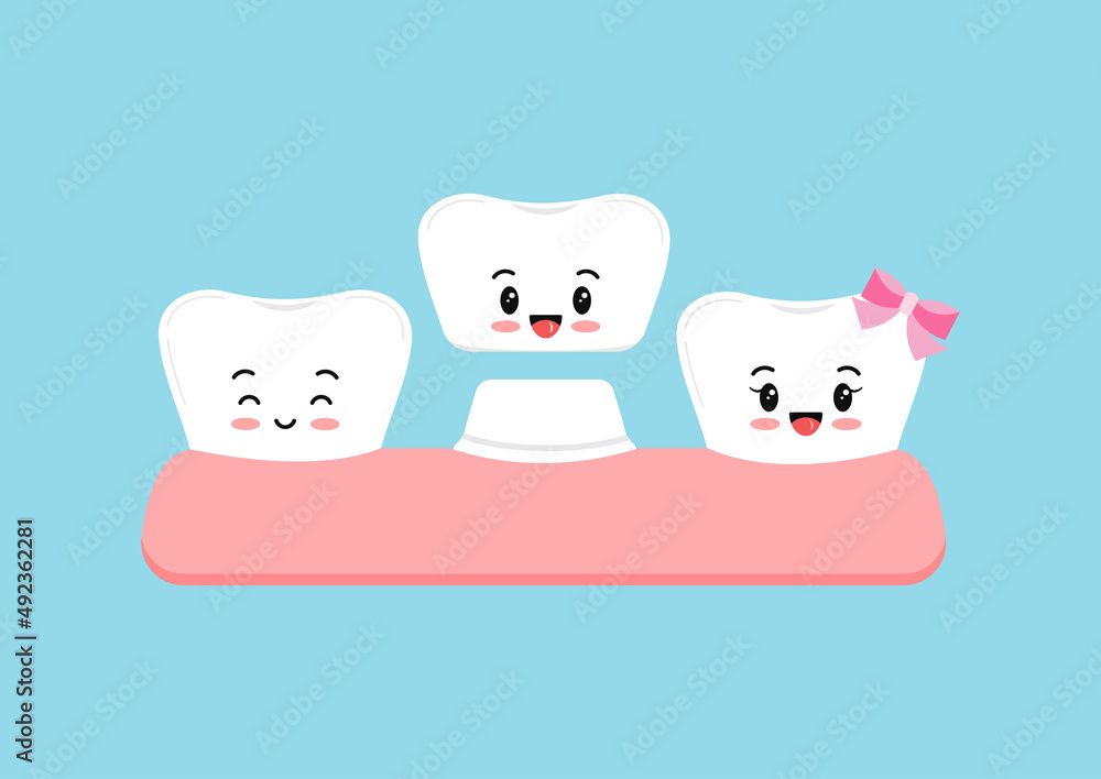 Cute tooth with crown in gum dental vector emoji character isolated ...