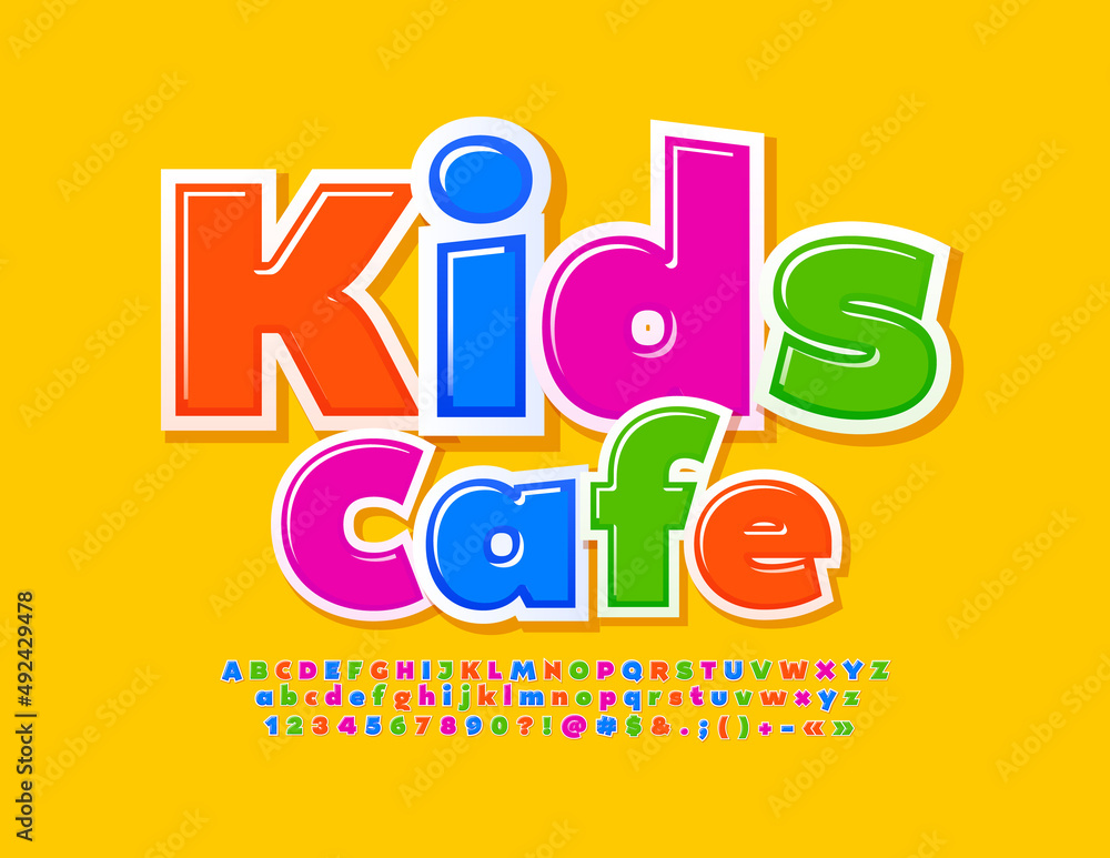 Vector bright template Kids Cafe. Colorful Alphabet Letters, Numbers and Symbols set. Font for ...