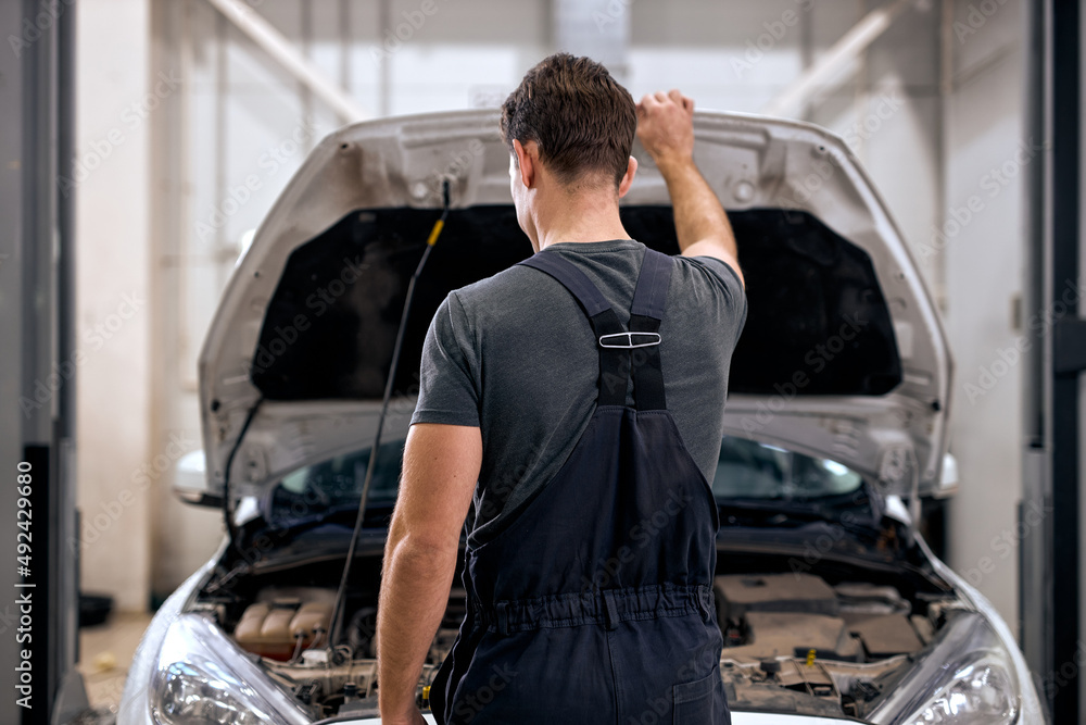 Fotografie professional car mechanic working under car hood in repair ...