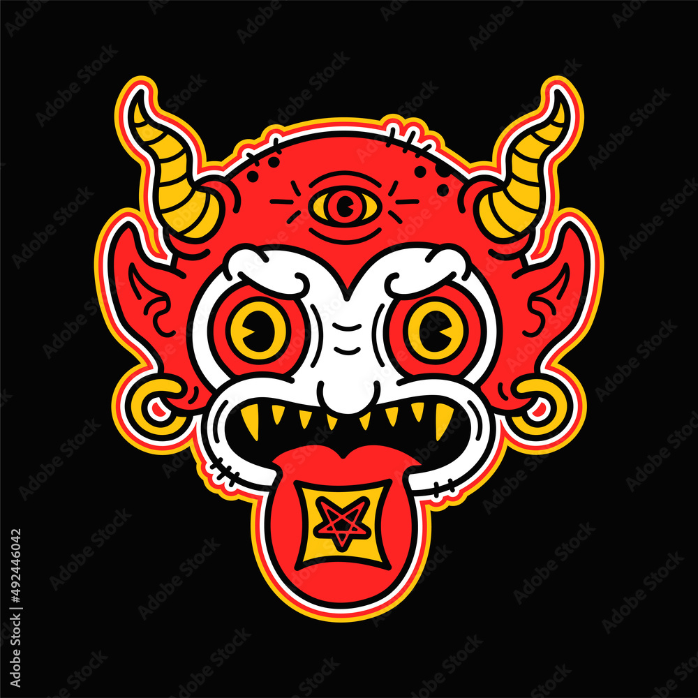 Devil with acid lsd blotter mark on tongue t-shirt print.Vector cartoon ...