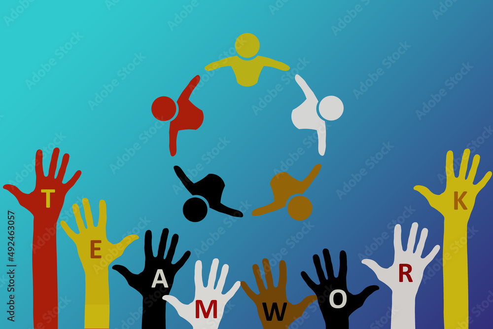 Teamwork concept. Raised hands of people with different colors of skin ...