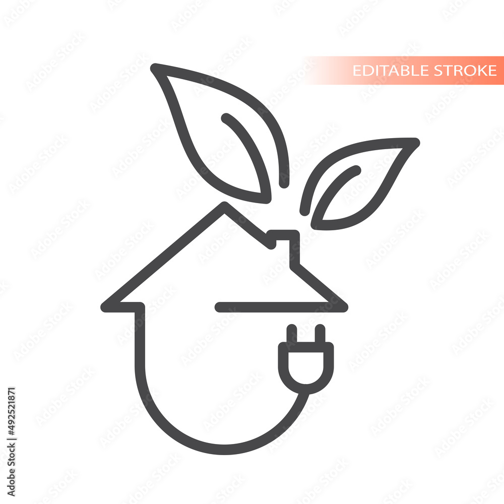 Eco friendly, green energy efficient home icon. House with plug and ...