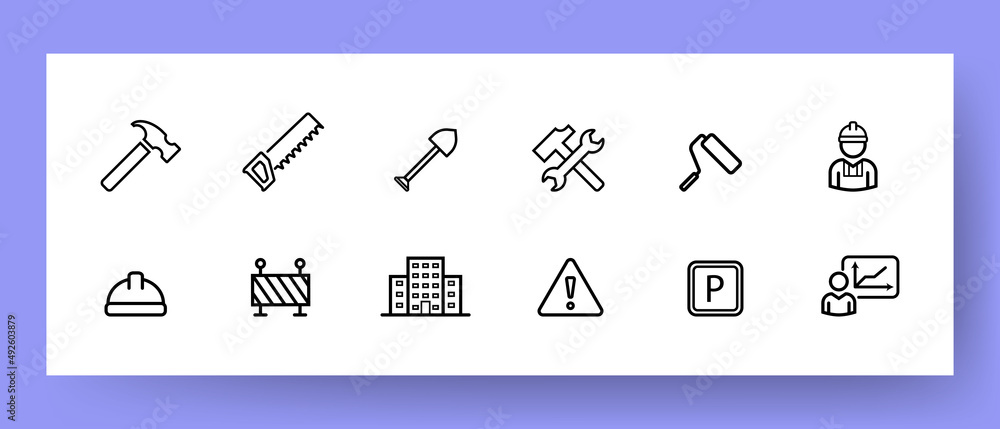 Construction site icons set. Construction tools, equipment and warning ...