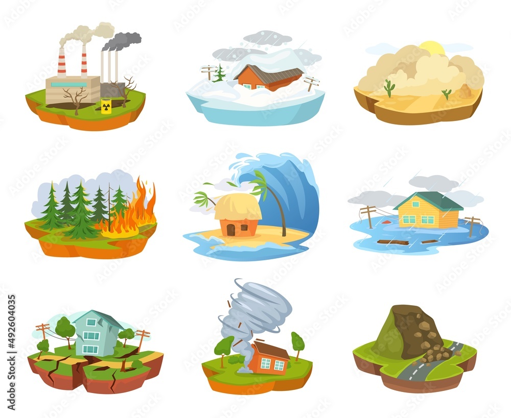 Stockvector Cartoon natural disasters, tornado, earthquake forest fire ...