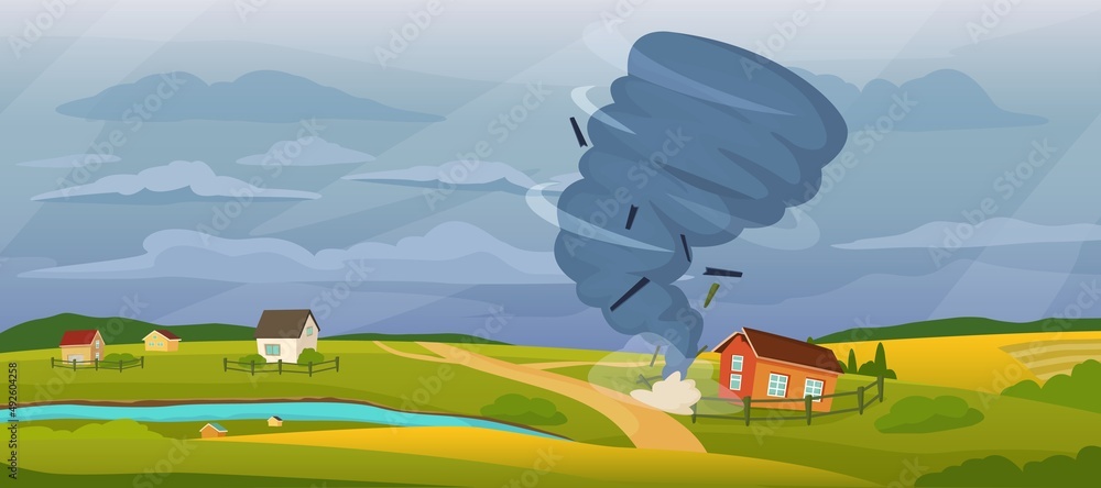Cartoon rural landscape with tornado, hurricane storm destroying houses ...
