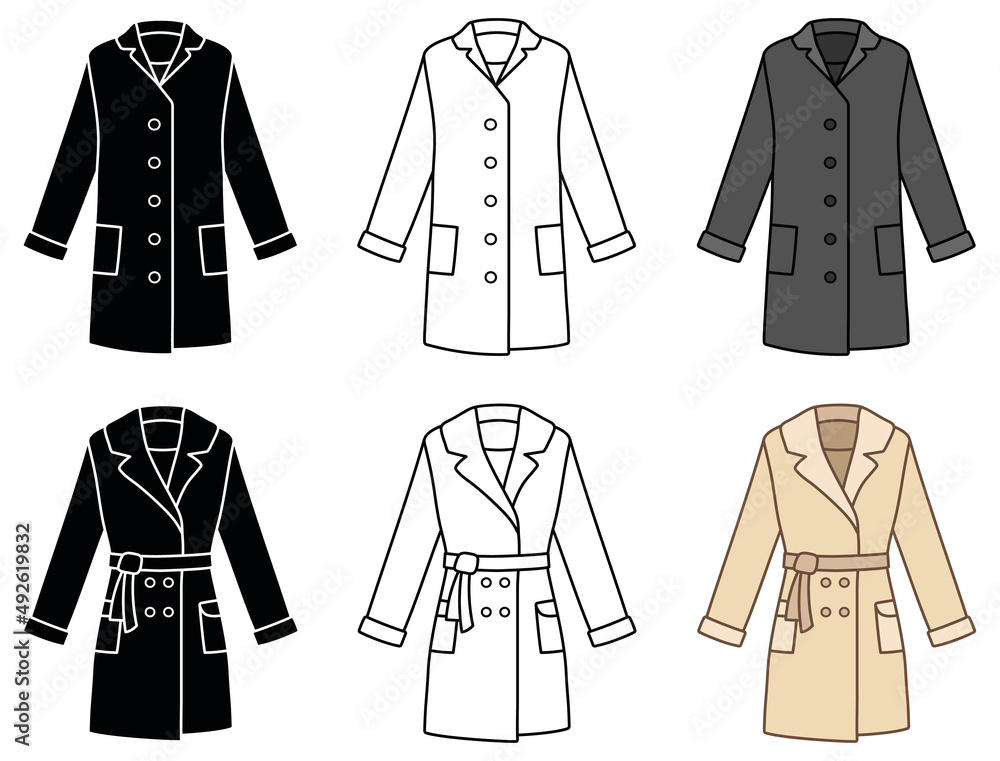Vetor Long Coat and Trench Coat Clipart Set - Outline, Silhouette and ...