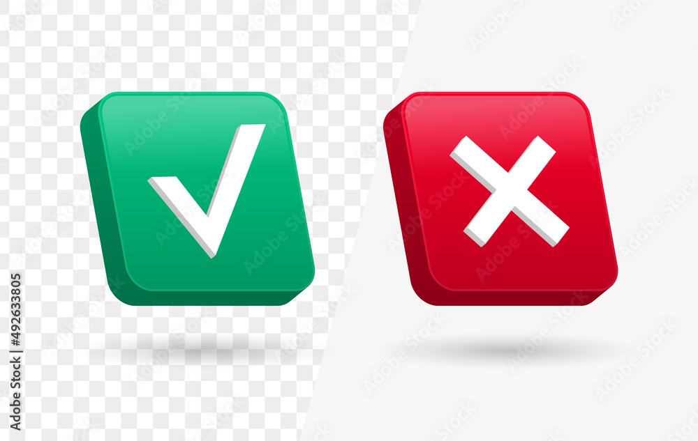 Stockvektorbilden 3d checkmark icon button correct and incorrect sign or check mark box frame ...
