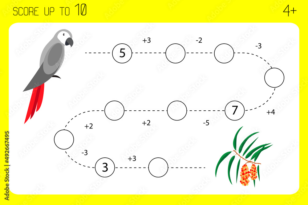 Math game for preschoolers. score is up to 10. Addition and subtraction ...