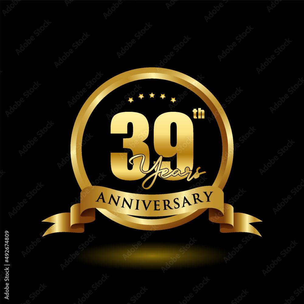 39th anniversary celebration. Birthday logo with gold ribbon and gold ...
