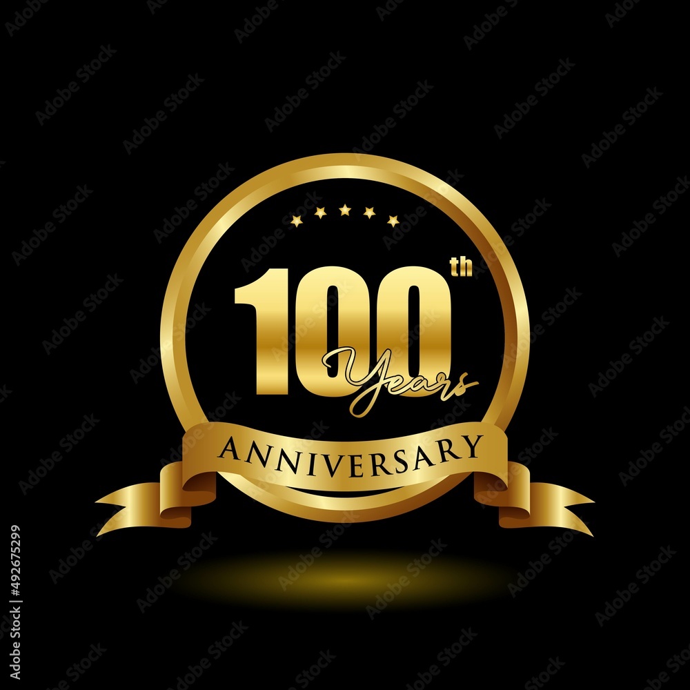 100th anniversary celebration. Birthday logo with gold ribbon and gold ...