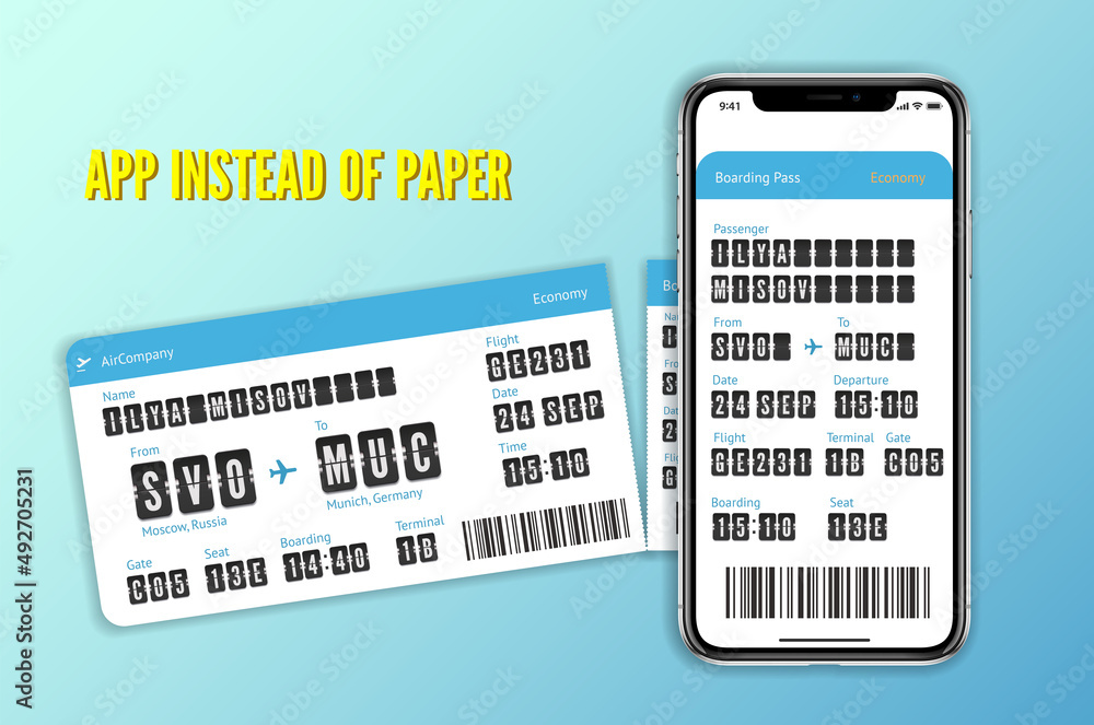 Electronic ticket concept. Mobile app boarding pass template. Online ...