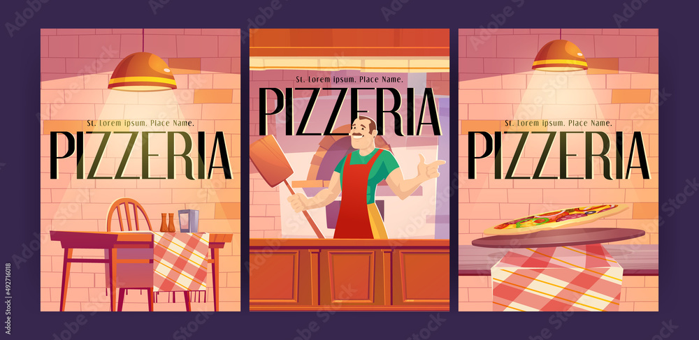 Pizzeria ads posters with man baker hold pizza shovel stand near oven ...