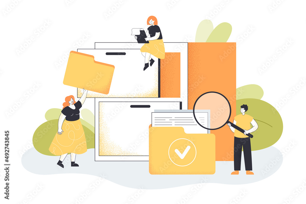 Workers organizing data storage flat vector illustration. Women putting folders in cabinet. Man ...