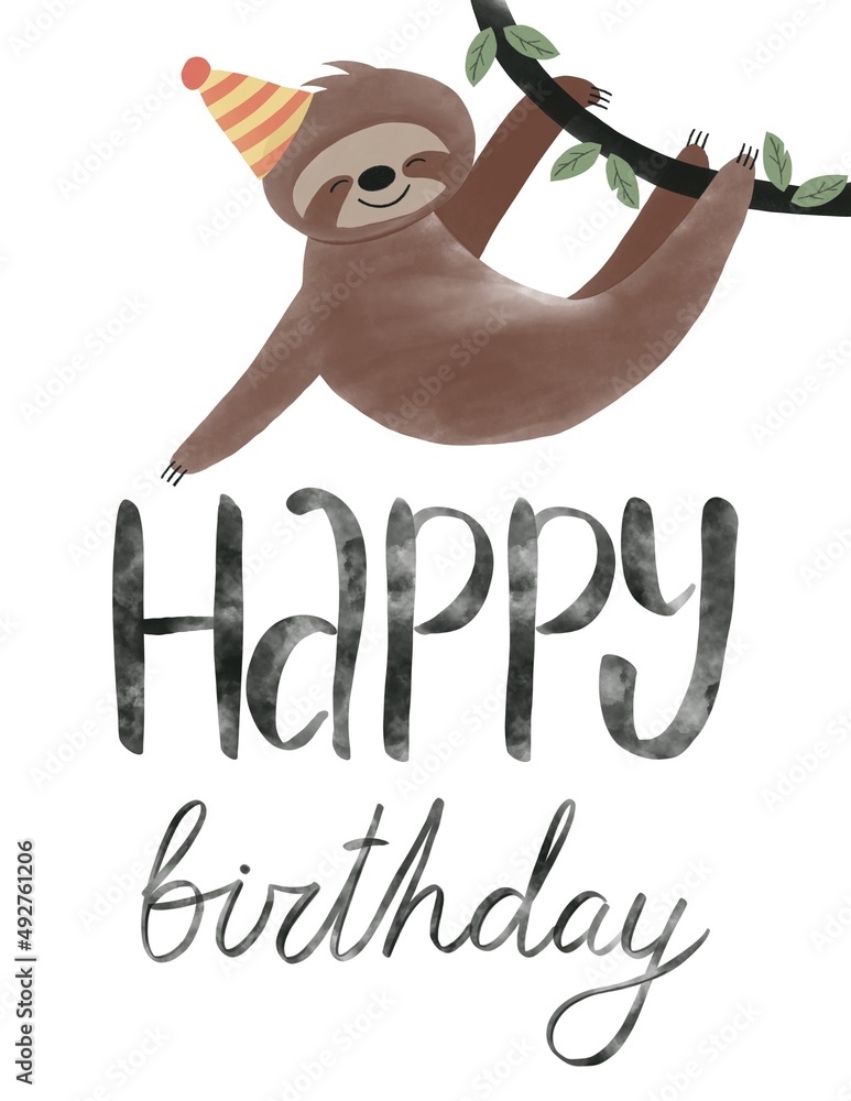 Sloth watercolor funny illustrations. Happy birthday sloth card. Stock ...